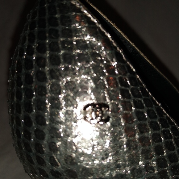 CHANEL | Shoes | Chanel Silver Python Peep Toe Heels | Poshmark